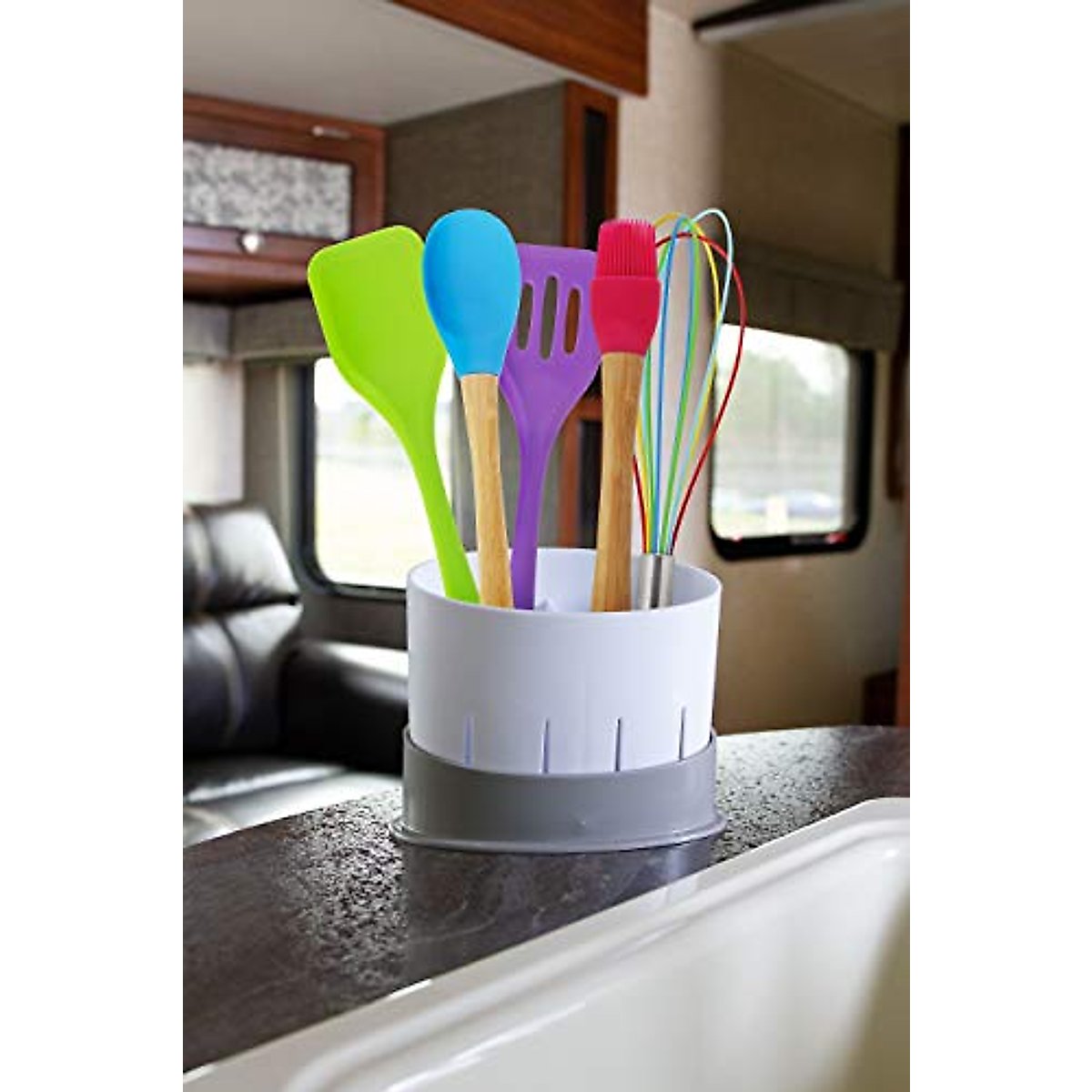 Camco 43513 Countertop Utensil Drainer - Perfect for Storing and Drying Eating Utensils, Sponges, Brushes and Soap - Includes A Perforated Drainer and Base to Keep Countertops Dry
