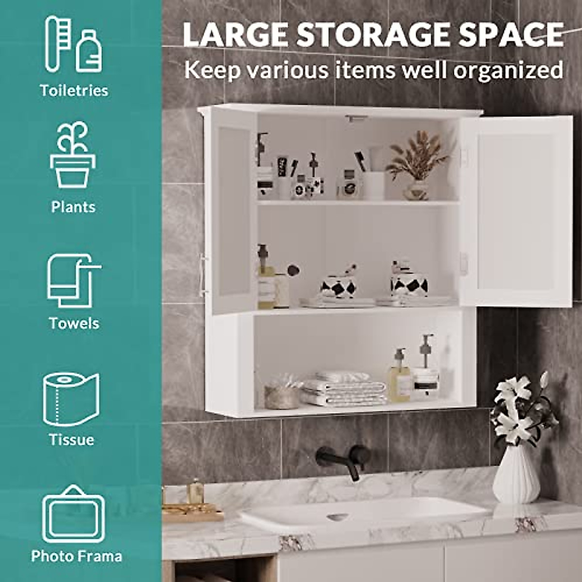 MEETWARM Bathroom Cabinet Wall Mounted with Double Doors, Wood Hanging Cabinet, Medicine Cabinet Storage Organizer with Height Adjustable Shelves Over The Toilet, White
