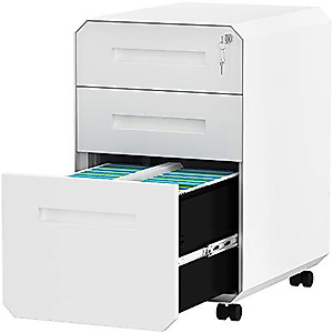 YITAHOME 3-Drawer Filing Cabinet Office Drawers with Lock, Divider and Pencil Tray, Portable Metal File Cabinet, Pre-Built Office Storage Cabinet (White)