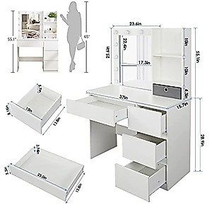 Makeup Vanity with Lights, 37inch Vanity Desk, 4 Large Drawers Dresser with Lighted Mirror, 3 Lighting Modes Brightness Adjustable, White