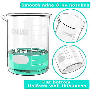 ONiLAB Glass Measuring Beaker Set 50ml 100ml 250ml 500ml 1000ml(Pack of 5) 3.3 Boro Griffin Low Form with Printed Graduation Scientific Glassware for Laboratories, Classrooms or Home Use