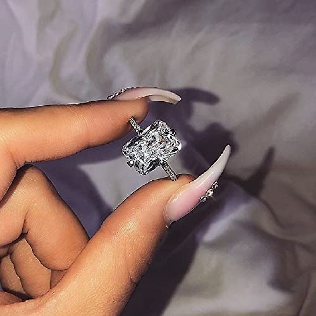 ZJQZBSS S925 Sterling Silver Plated 18K White Gold Ladies Wedding Ring AAA Cubic Zirconia Diamond Ring Engagement Wedding Princess Square Diamond Ring Jewelry (7)