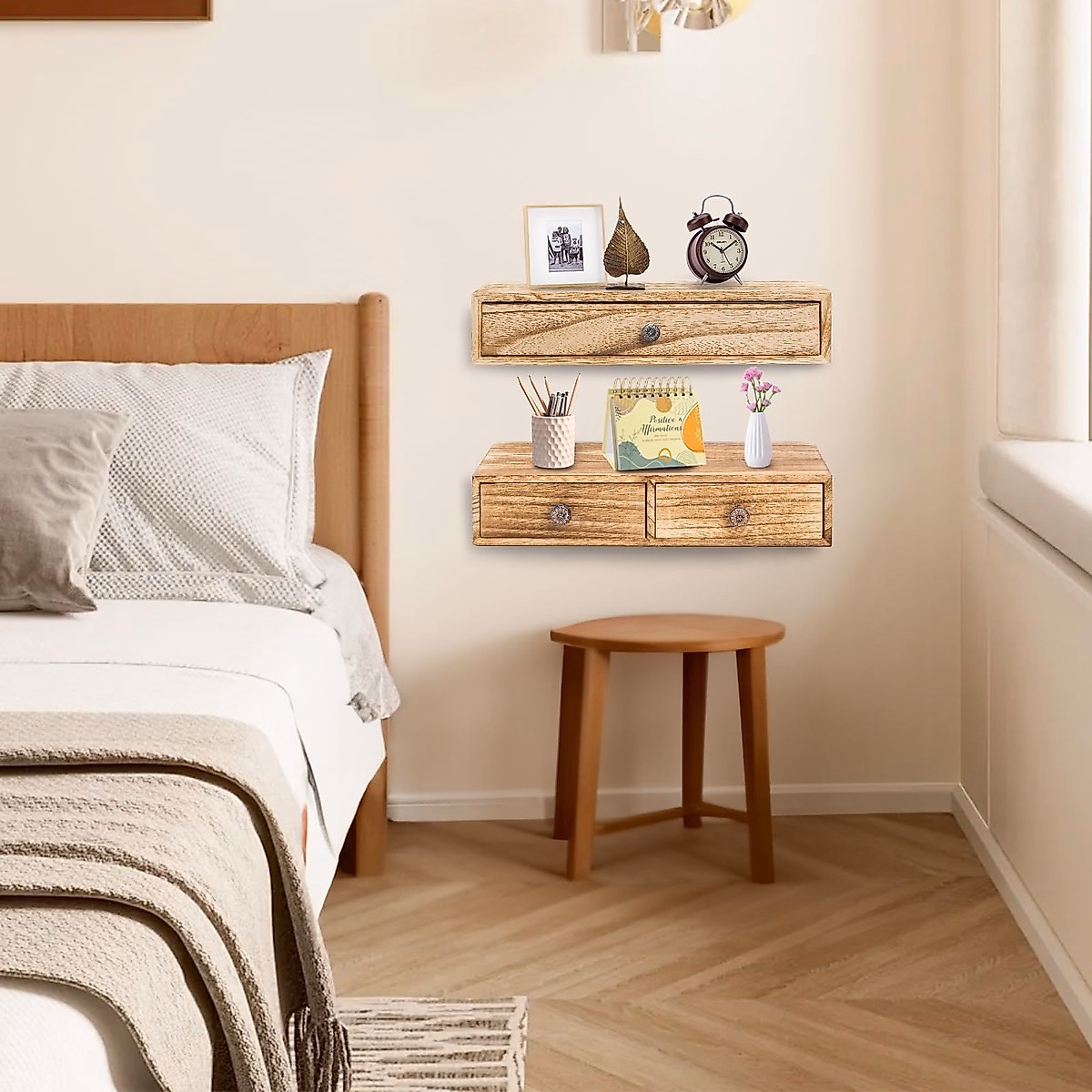 Yesland 2 Packs Floating Nightstand with Drawer - Rustic Wood Floating Wall Mounted Drawers Floating Shelf with Drawer for Living Room, Bedroom, Storage, Display - Yellowish Brown