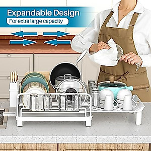 caktraie Dish Drying Rack - Expandable Dish Rack for Kitchen Counter, Rust-Proof Kitchen Dish Drying Rack with Utensil Holder, Cups Holder, White