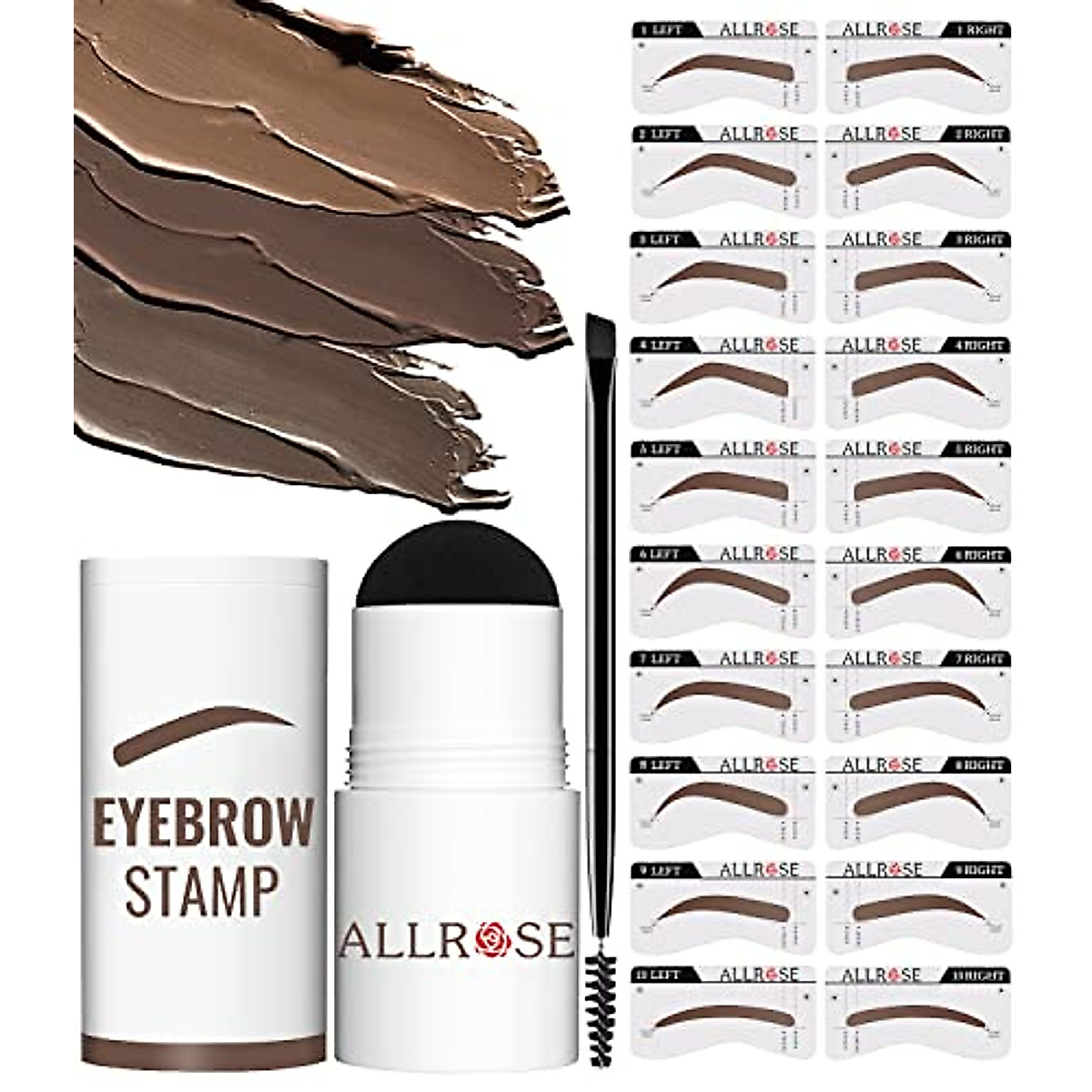 ALLROSE Eyebrow Stamp Stencil Kit - Eye Brow Stamping Kit, One Step Brow Stamp Kit, 20 Brow Stencils and Stamp Kit, Waterproof Perfect Eyebrow Kit, Easy to Use, Light Brown
