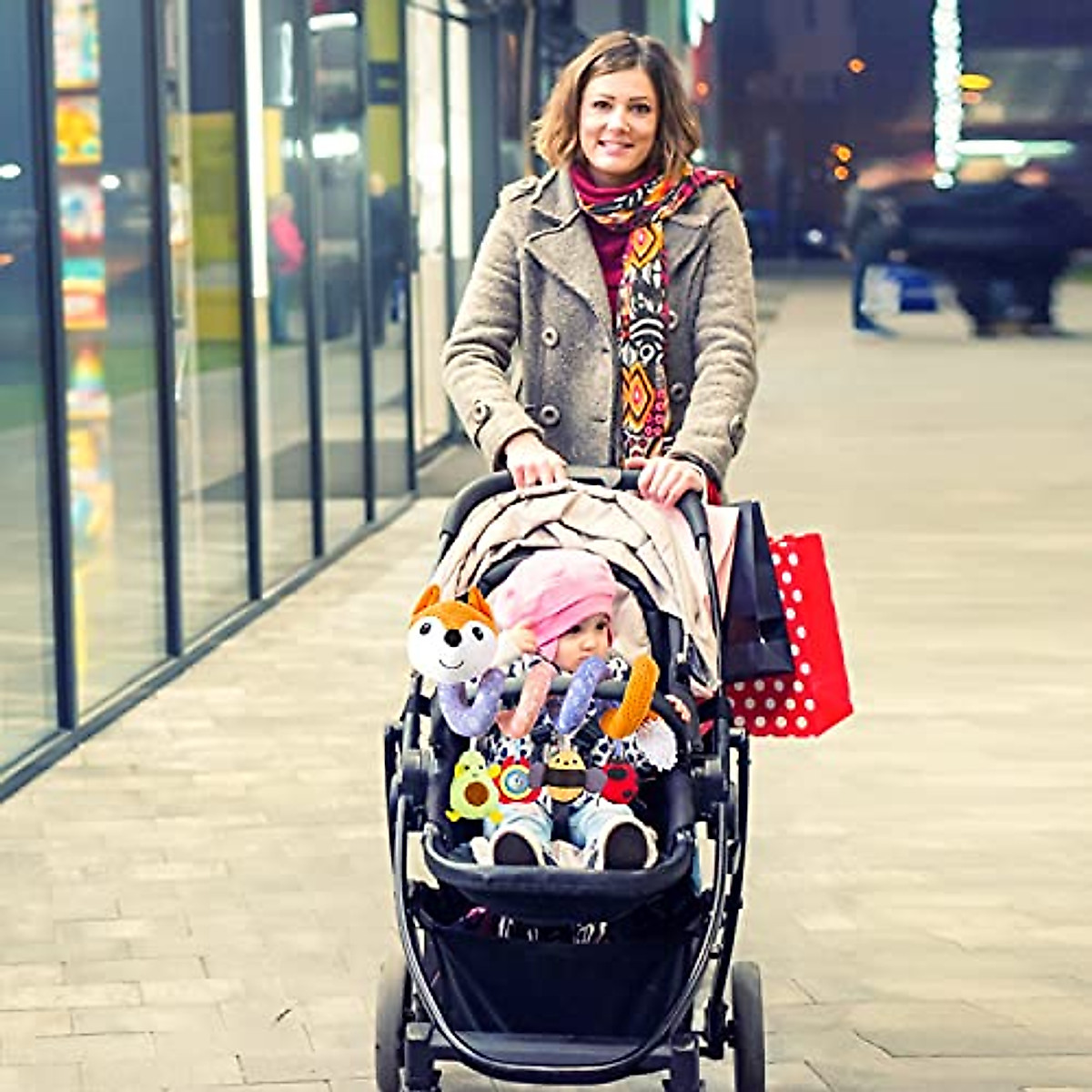 HILENBO Car Seat Toys, Infant Baby Orange Fox Spiral Plush Activity Hanging Toys for Car Seat Stroller Bar Crib Bassinet Mobile with Music Box BB Squeaker and Rattles（Orange）