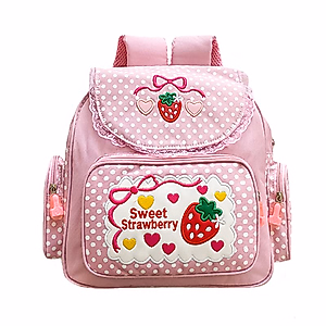 Cutemoria Girl's Kawaii Backpack Japanese Sweet Strawberry Embroidery School Backpack Casual Daypack Cute Lace Flap Backpacks, Pink, One Size