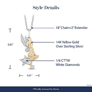 Jewelili Enchanted Disney Fine Jewelry 14K Yellow Gold over Sterling Silver with 1/6 CTTW Tinker Bell Pendant Necklace