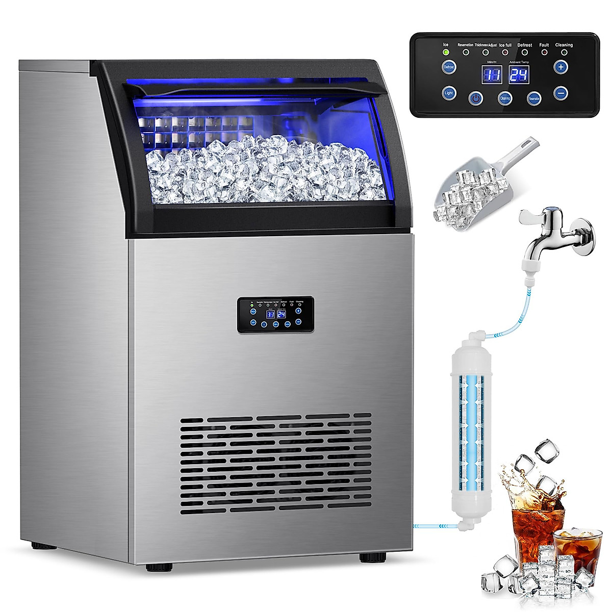 RAPSUAR Commercial Ice Maker Machine, 150Lbs/24H with 45Lbs Large Ice Capacity, 55Pcs Clear Ice Cubes Ready in 8-15Mins, Freestanding Stainless Steel Ice Making Machine for Home Party Bar