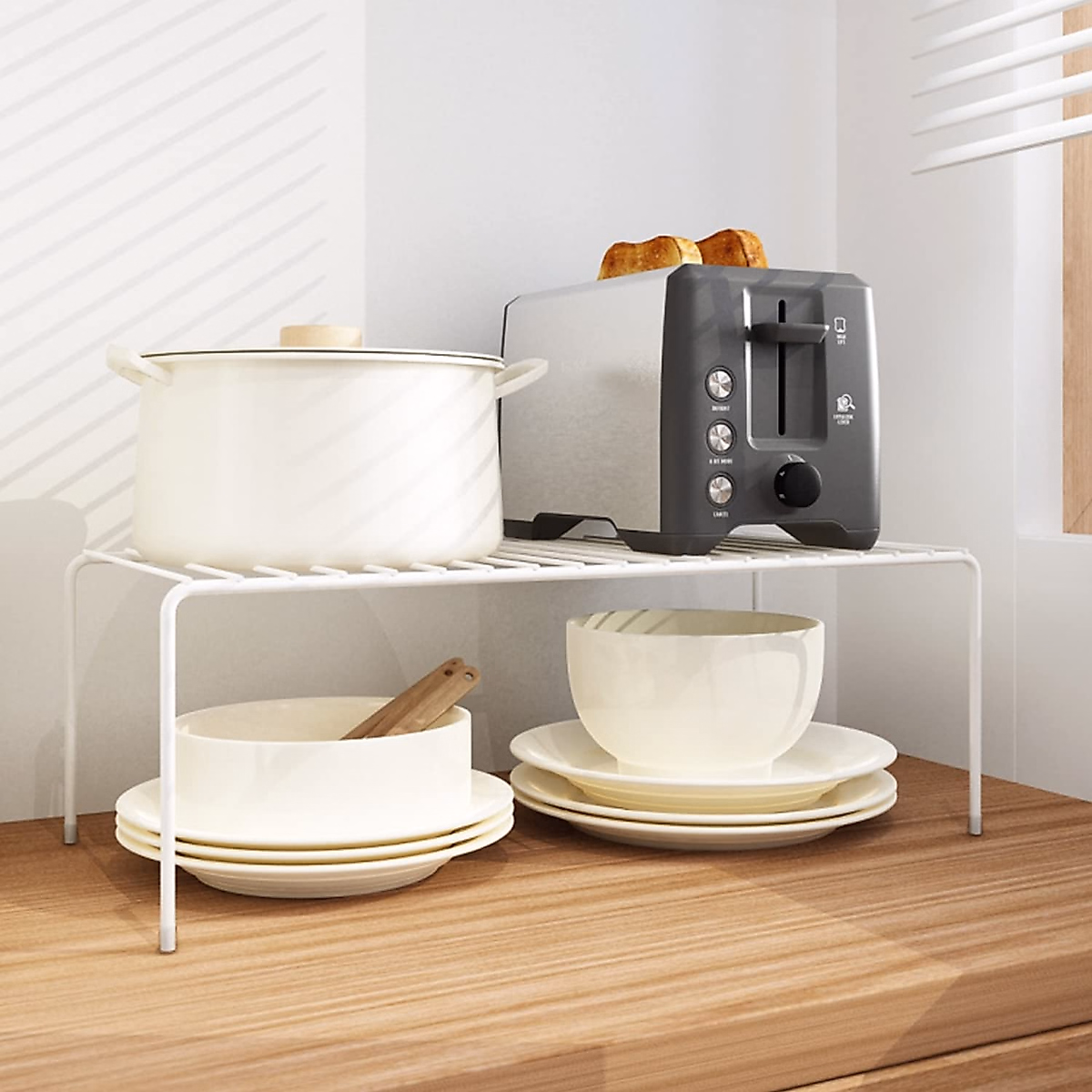 GEDLIRE Kitchen Cabinet Shelf Organizer Set of 2, Large (15.7 x 9.4 inch) Metal Wire Pantry Storage Shelves, Dish Plate Racks for Cabinets, Freezer, Counter, Cupboard Organizers and Storage, White