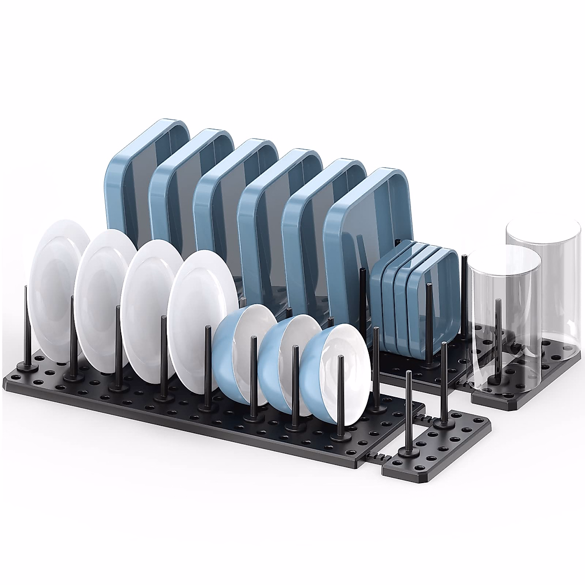 AEARY Pegboard Drawer Organizer for Kitchen Cabinet, Plate Organizers for Cabinets, Adjustable Cupboard Pegboard Tray, Dish Racks Bowl Drying Racks, Expandable Plate Holders Storage (2pcs, Black)