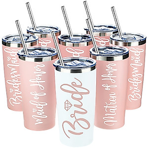 Sabary Bride Gifts Bridesmaid Tumblers Set of 8, 20 oz Insulated Bride Stainless Steel Wine Tumbler Bulk Maid of Honor Mugs with Lid and Straw for Wedding Engagement Party Gifts (Pink, White)