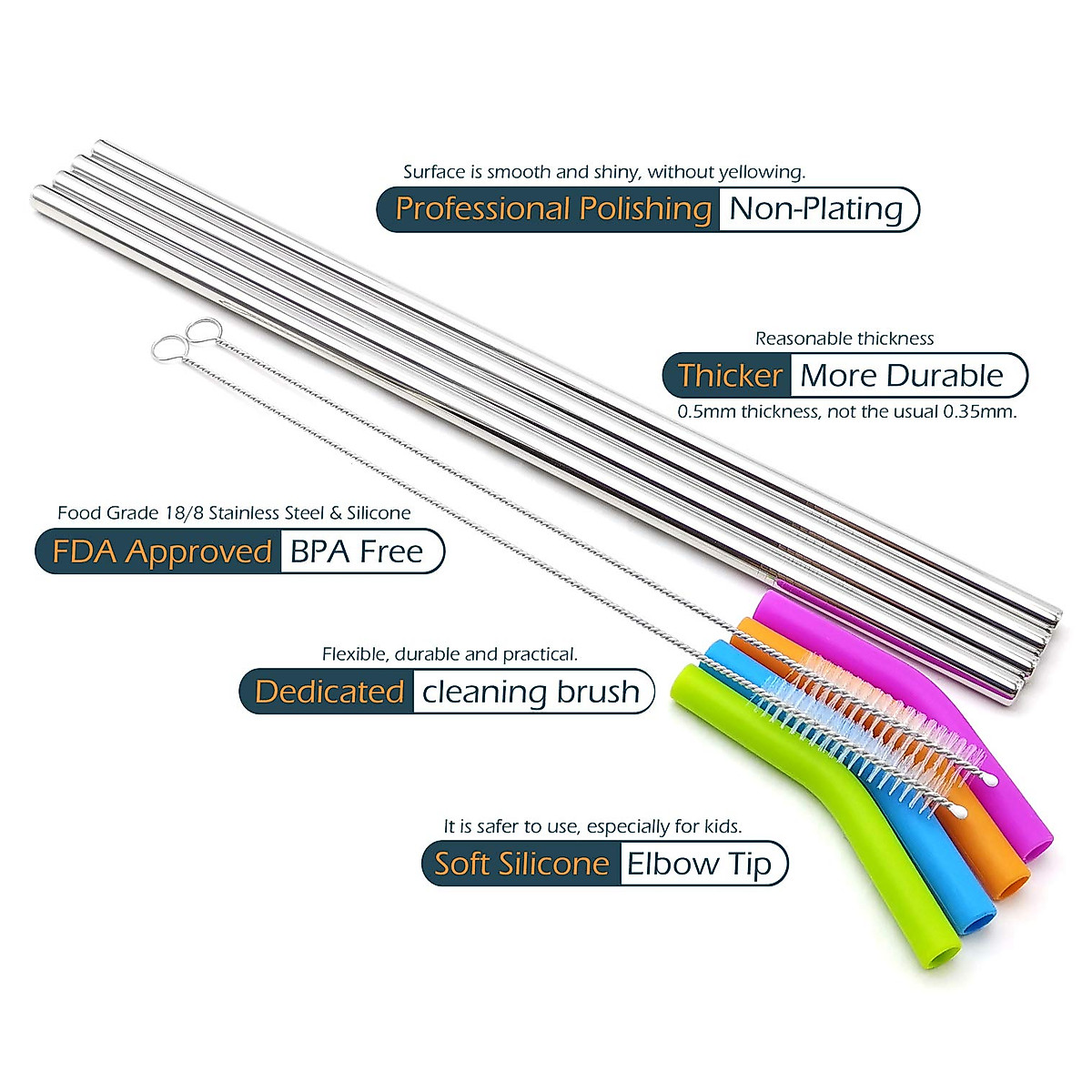 Big Drinking Straws Reusable 14.5" Extra Long 8mm Extra Wide Food-Grade 18/8 Stainless Steel Silicone Elbows Tips for Smoothie Milkshake Cocktail Juice Hot Drinks - Set of 4 + 2 Cleaning Brushes