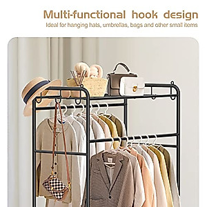 PouHenier.jh Clothing Racks on Wheels for Hanging Clothes with Coat Hook, Upgrade Heavy Duty Rolling Rack for Clothes Organizer, Freestanding Double Rod Metal Garment Rack with Shelves(Black)…