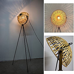 Osasy Rattan Bamboo Floor Lamp for Living Room,Bedroom,Farmhouse,Boho Standing Lamp,Wicker Hand-Worked Bamboo Lamp Shade,Black Industrial Modern Floor Light Adjustable Rustic Tall Lamp