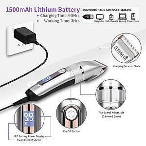 Ceenwes Professional Hair Clippers Cordless Hair Trimmer Low Noise Hair Cutting Kit Beard Trimmer IPX7 Waterproof Body Hair Removal Machine with LED Display Hairdressing Cape and Travel Bag