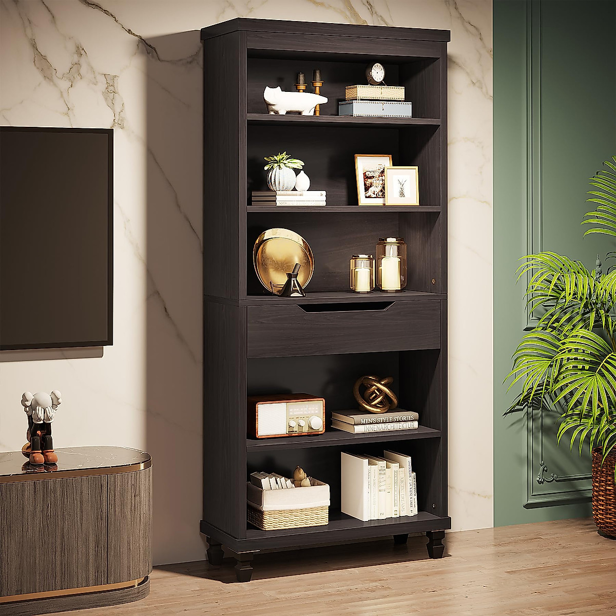 Tribesigns Bookcase with Drawer, 73-Inch Tall Bookshelf with Storage Shelves, 6-Tier Book Shelf Open Display Shelving Unit for Living Room, Bedroom, Library, Home Office, Dark Brown