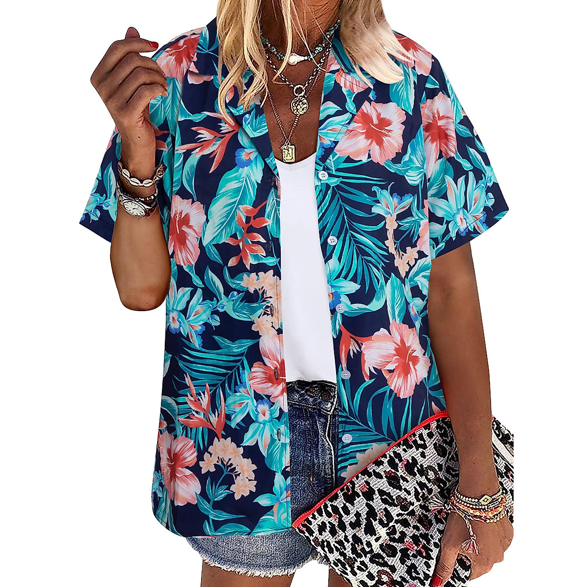 Hawaii Shirt Women Hawaiian Tshirt Floral Leaves Tee Tropic Beach Shirt Button Up Shirt Summer Vacation Shirt Blue