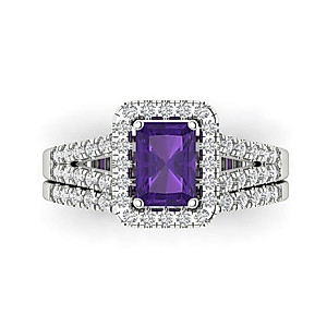 Clara Pucci 1.54 carat Emerald Cut Halo Solitaire Natural Amethyst Engagement Wedding Anniversary Bridal Ring band set 14k White Gold 8.5