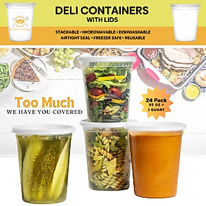 Perfect Settings 32oz Deli Containers with Lids - 24 Sets Quart Freezer Storage Containers - Leakproof, Stackable, Microwave Safe Soup Storage Plastic Soup Containers for Meal Prep Leftovers Takeout