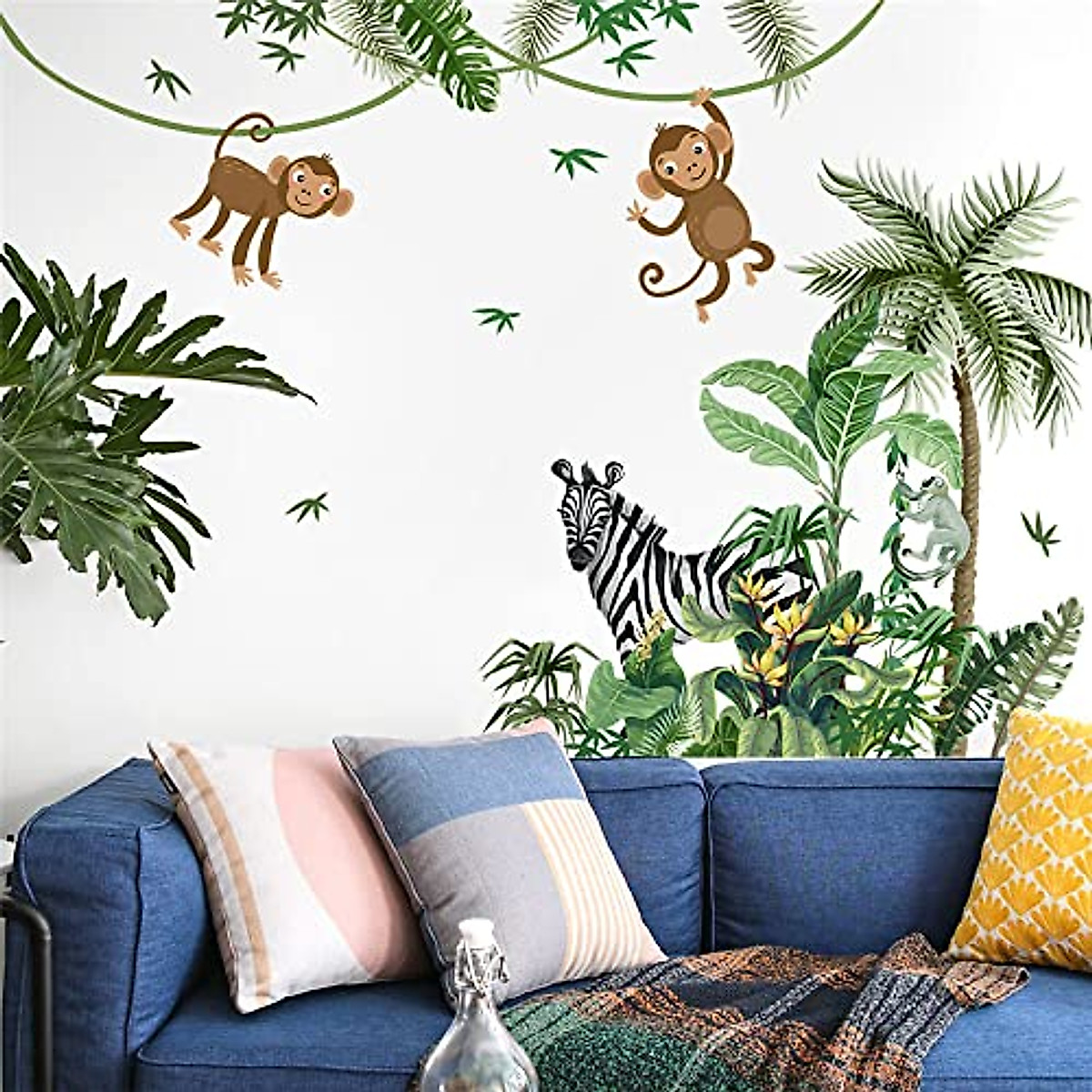 Large Size Tropical Palm Green Leaf Plant Animals Jungle Wall Decals For Kids Room Bedroom Cute Monkey Zebra Giraffe Big Vinyl Self-adhesive Wallpaper Peel and Stick Woodland Forest Kindergarten Decoration Sticker Removable DIY Nursery Mural