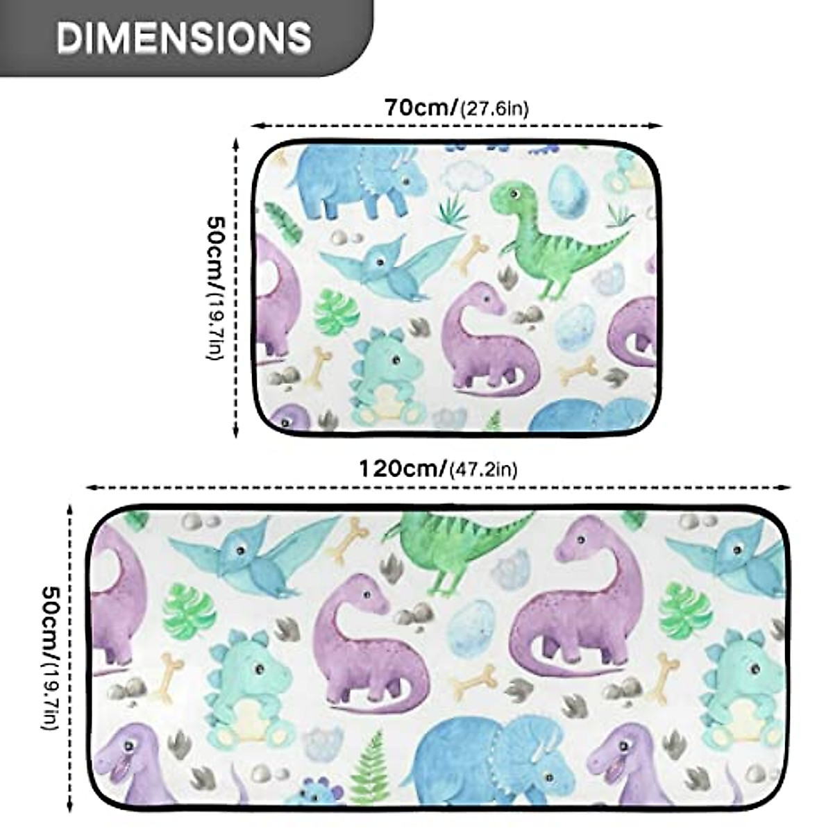 Emelivor Little Dinosaurs Kitchen Rugs and Mats Set 2 Piece Non Slip Washable Runner Rug Set of 2 for Kitchen Floor Home Decorative Laundry