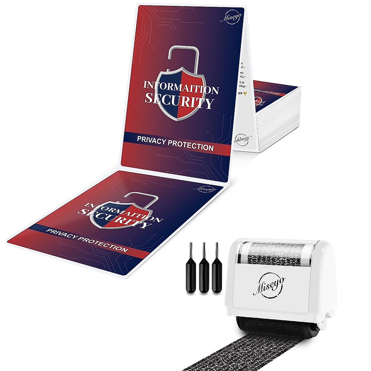 Miseyo Wide Identity Theft Protection Roller Stamp Set - White(3 Refill Ink Included) with Privacy Protection Sticker for Postage Shipping Label 20 Pcs