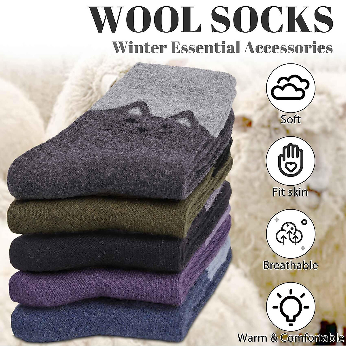 YSense 5 Pairs Womens Wool Socks Thick Knit Warm Winter Socks Cozy Comfy Socks Gifts for Women