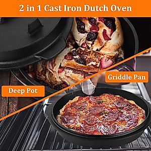 5QT Dutch Oven Camping, Leonyo 2 in 1 Camping Dutch Oven, Cast Iron Dutch Oven for Outdoor Camping, Heavy Duty & Pre-Seasoned Deep Pot for Sourdough Bread Baking, Campfire Cooking