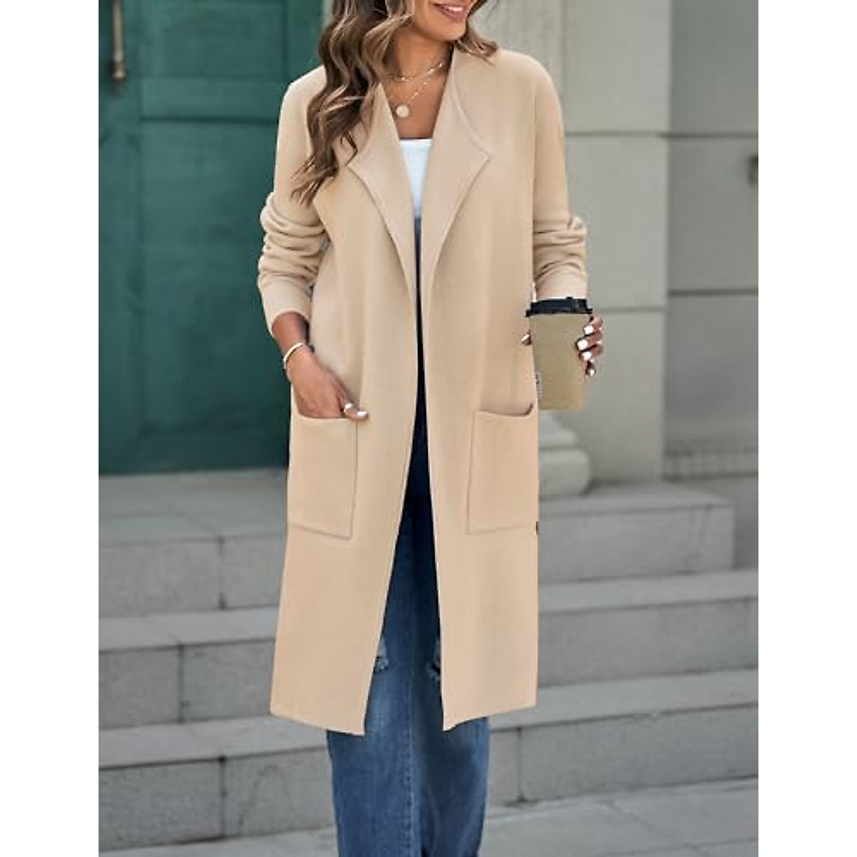 MEROKEETY Women's Open Front Coatigan Sweater Long Sleeve Casual Knit Lapel Cardigan Coat with Pockets, Apricot, Small