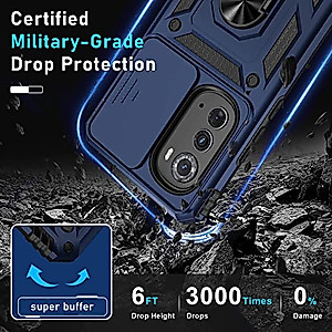 Motorola Moto Edge 2022 Case Built in Slide Camera Cover and Screen Protector [Not for Edge Plus],Heavy Duty Shockproof Full Body Phone Cover,Built in Finger Ring Stable Holder Kickstand,2022 Blue