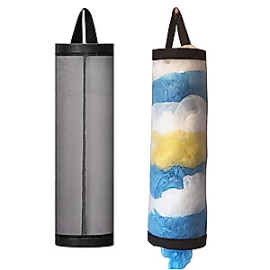 Kitchen Grocery Plastic Bag Holder and Dispenser, Waterproof Washable Wall Mount Folding Mesh Storage Bag 2 Pack Black, Recycling Grocery Pocket Containers