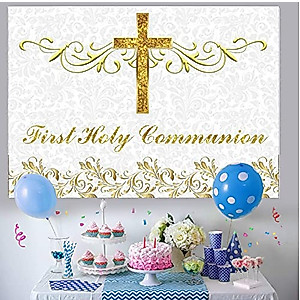 My First Communion Photography Backdrop Curtain Baby Baptism Background Gold Cross Photo Background White Texture Photo Graphic Decoration Set Props 5x3 feet Vinyl Banner