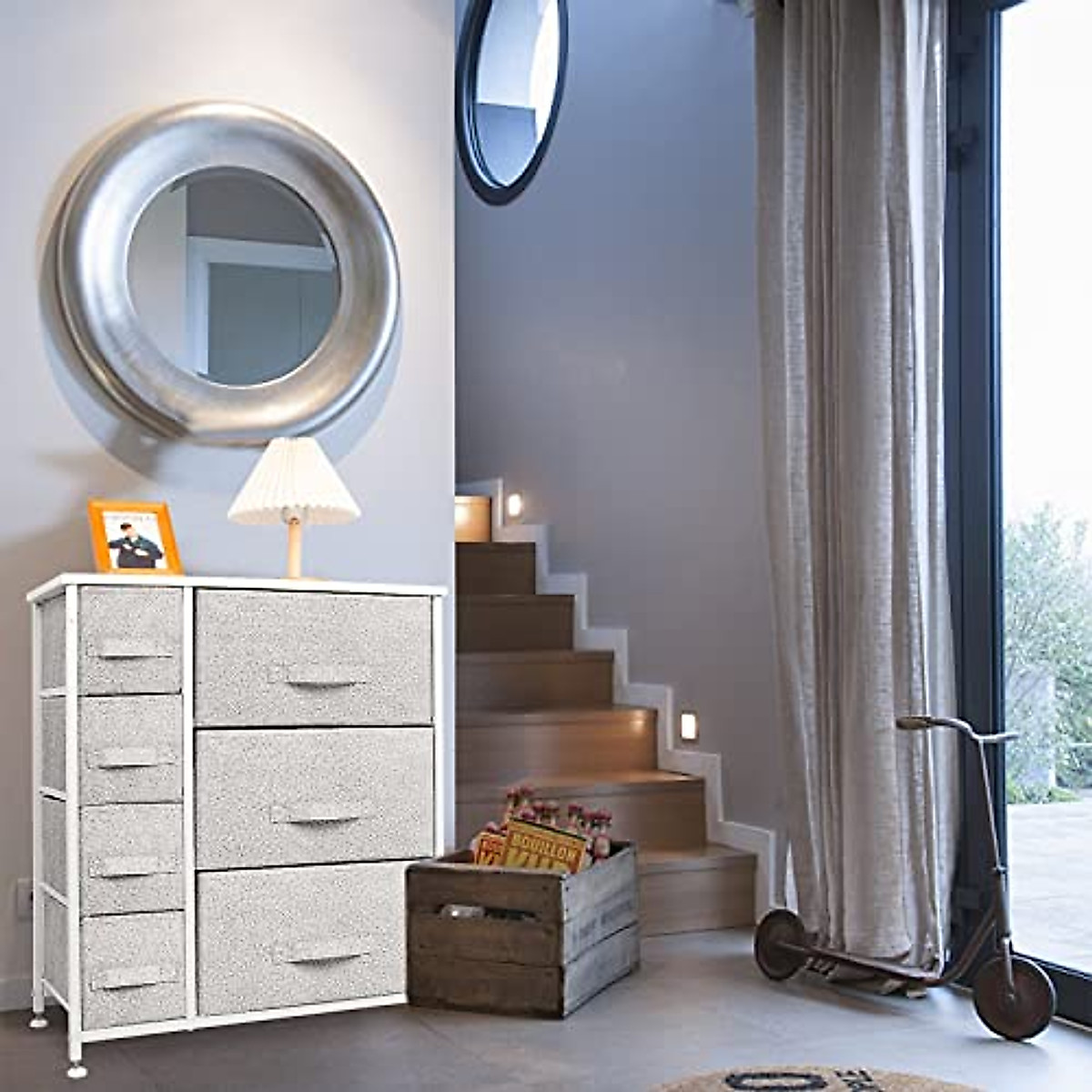 CONNOO 7 Drawer Dresser Storage Tower, 4-Tier Vertical Organizer Unit Chest for Bedroom, Hallway, Entryway, Closet, Nursery, Sturdy Steel Frame, Wooden Top, Easy Pull Fabric Bins, Gray/White