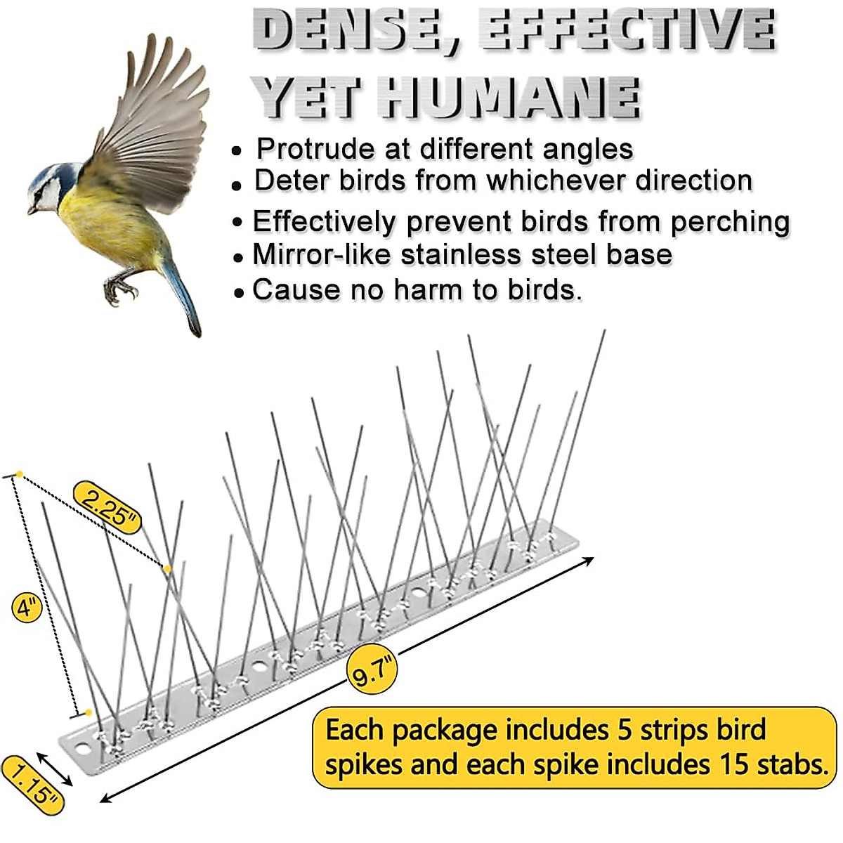 REMIAWY Bird Spikes for Pigeons Small Birds, Bird Deterrent Spikes for Outside to Keep Birds Squirrel Cat Away, Stainless Steel Anti Bird Repellent Spikes 5 Strips 4 Feet
