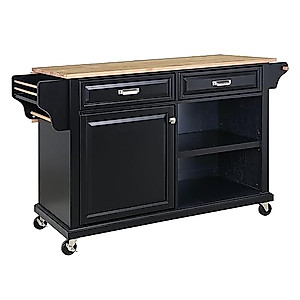 Rolling Kitchen Island Cart with 5 Universal Wheels and 5 Solid Wood Cabinet Feet,Greenguard Gold Certified,Kitchen Island with Rubberwood Drop Leaf-Mobile Kitchen Island with Storage and Drawer,Black