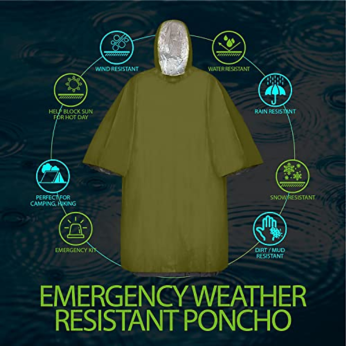FosPower Emergency Rain Poncho [4 Pack] [Retains 90% Body Heat] Reusable Weather Resistant Raincoat for Men, Women, Adults, Camping, Hiking, Emergency Supplies & Survival Kits (Green + Orange)