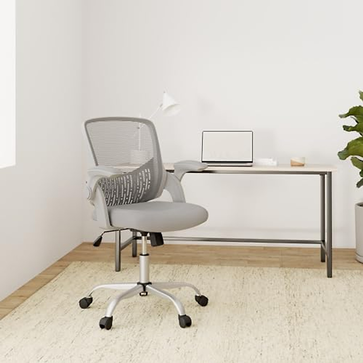 Office Chair, Desk Chairs Mesh Computer Desk Chair with Wheels Ergonomic Office Chair Height Adjustable Swivel Task Chair with Mid Back, 90° Flip-up Arms and Lumbar Support, Grey