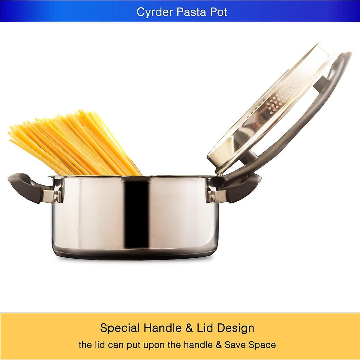 Cyrder Stainless Steel Pasta Pot- Induction Pasta Pot with Strainer, Easy Stain &Perfect for Single and Couple, Dishwasher Safe, 3 Quart
