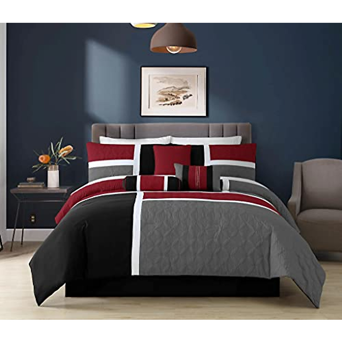 Chezmoi Collection 7-Piece Quilted Patchwork Comforter Set, Red/Gray/Black, Queen