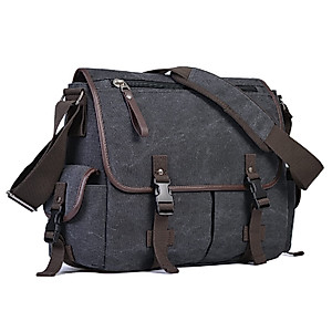 Vintage Canvas 15.6 inch Laptop Messenger Bag for Men Women, College Computer Satchel Shoulder Bag Travel Work Office Briefcases (Black)