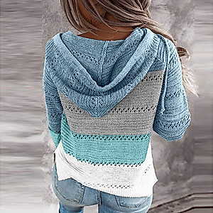 LATINDAY Women's Color Block Hoodie Striped Sweater Lightweight V Neck Knit Pullover Sweatshirts Sky Blue