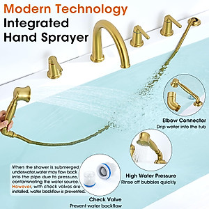 Wintap Roman Tub Faucet with Sprayer, 5 Hole Widespread Deck Mount Bathtub Faucet with Valve Classic High Arch Gooseneck Bath Tub Faucet Set with Diverter High Flow Tub Filler Brushed Gold WT-9809BG