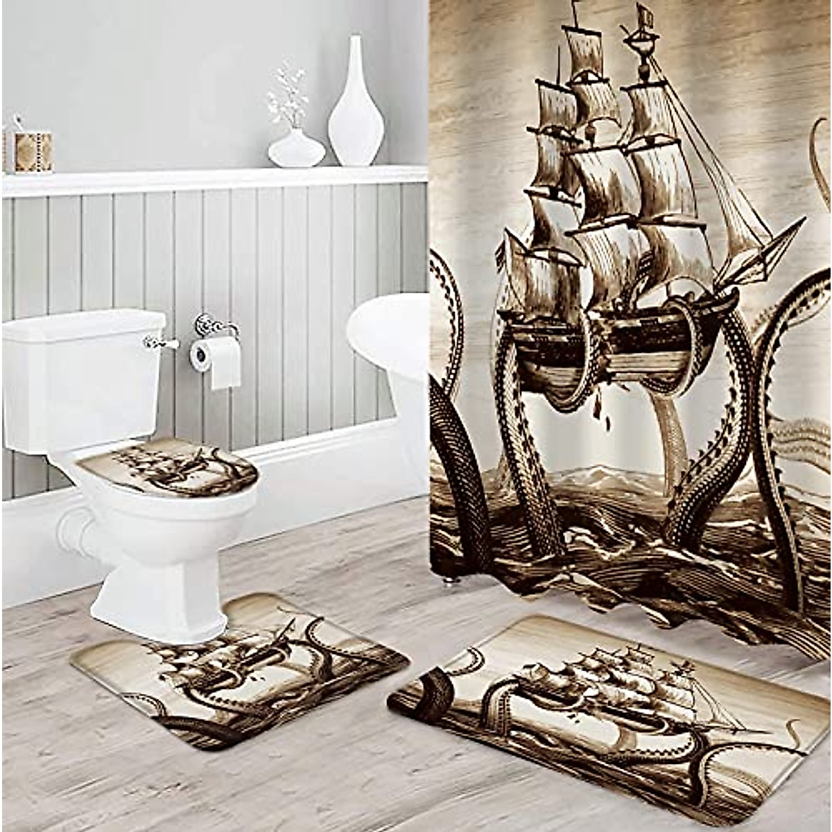 BestLives 4 Pcs Shower Curtain Sets with Rugs Pirate Boat Non-Slip Soft Toilet Lid Cover for Bathroom Ocean Animal Kraken Octopus Bathroom Sets with Bath Mat and 12 Hooks
