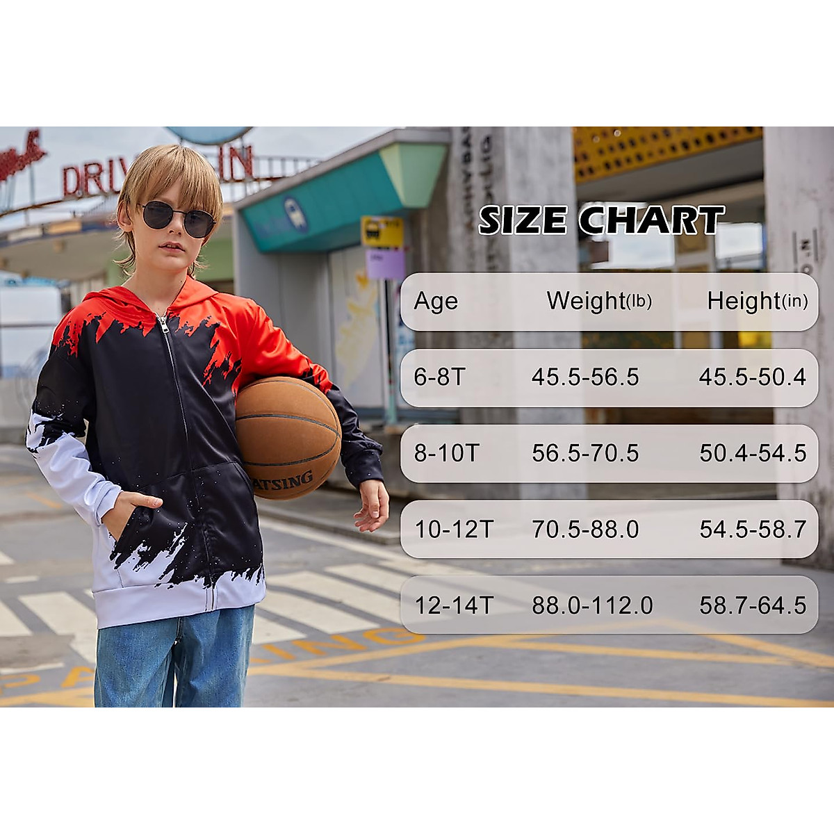 uideazone Big Boys Girls Zipper Hooded Sweatshirts Size 9t Black Red Hoody Hoodies Long Sleeve Autumn Contrasting Colors Jacket Color Block Cost with Pockets 8-10T