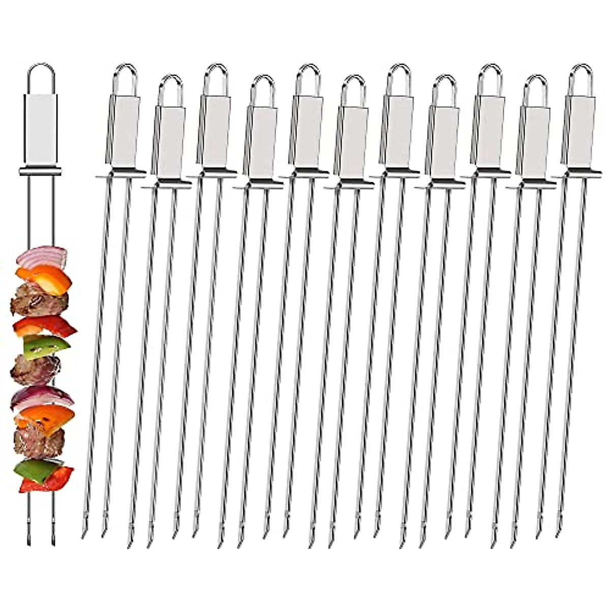 Lallisa Kabob Skewer for Grilling Metal Stainless Steel BBQ Skewer Stick with Push Bar Reusable Double Pronged Kebab Skewer Tool Quick Release Meat Chicken Vegetable and Fruit for Father (12 Pieces)