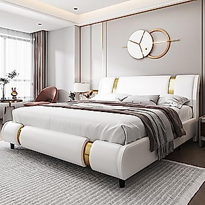 TTVIEW Modern Faux Leather Upholstered Platform Bed Frame with Golden Iron Metal Decor, Adjustable Curved Headboard, Wooden Slats Support, No Box Spring Needed, Queen Size, White