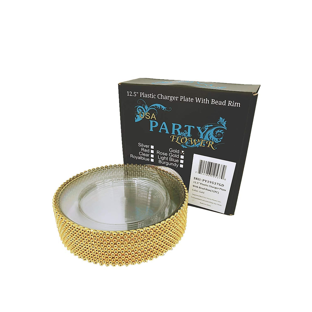 USA Party Flower Elegant Clear Acrylic(Plastic) Charger Plate with Bead Rim, Set of 12 (12.5 inch) (Gold)