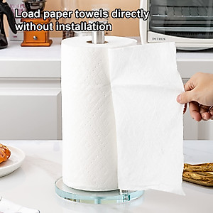 Kitchen Paper Towel Holder - LUKA Glass Weighted Base Modern Paper Towel Standing Fits Standard & Jumbo Rolls; Adjustable Spring Arm Upright Easy Tear Paper Towel Dispenser for Countertop Tables