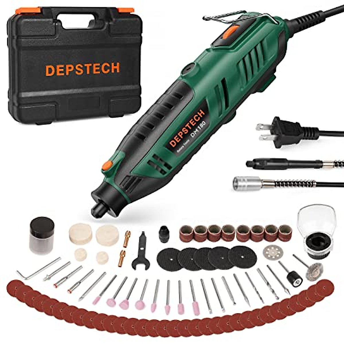DEPSTECH Rotary Tool, 180W Power Multi Tools Kit 6 Variable Speed 40000RPM Max, Universal Keyless Chuck & Flex Shaft, 128Pcs Accessories Electric Drill Set for Carving, Drilling, Sanding, DIY Craft